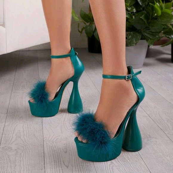 SHEIN | Shoes | Dark Green Fluffy Heels | Poshmark